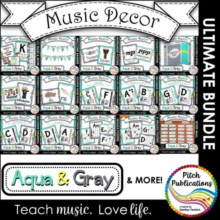 Music Decor BUNDLE - AQUA AND GRAY - posters, word wall, class rules ...