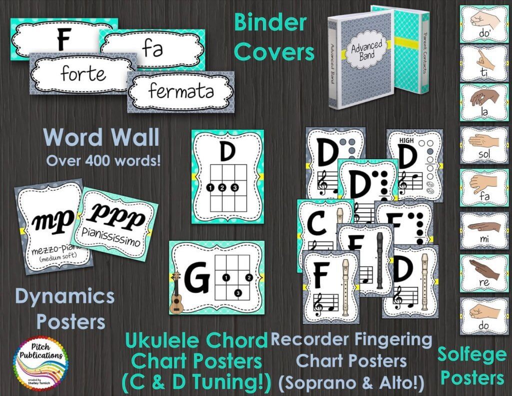 Music Decor BUNDLE - AQUA AND GRAY - posters, word wall, class rules ...