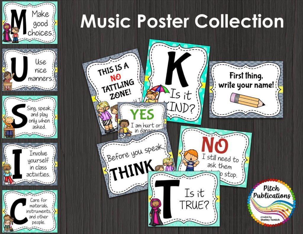 Music Decor BUNDLE - AQUA AND GRAY - posters, word wall, class rules ...