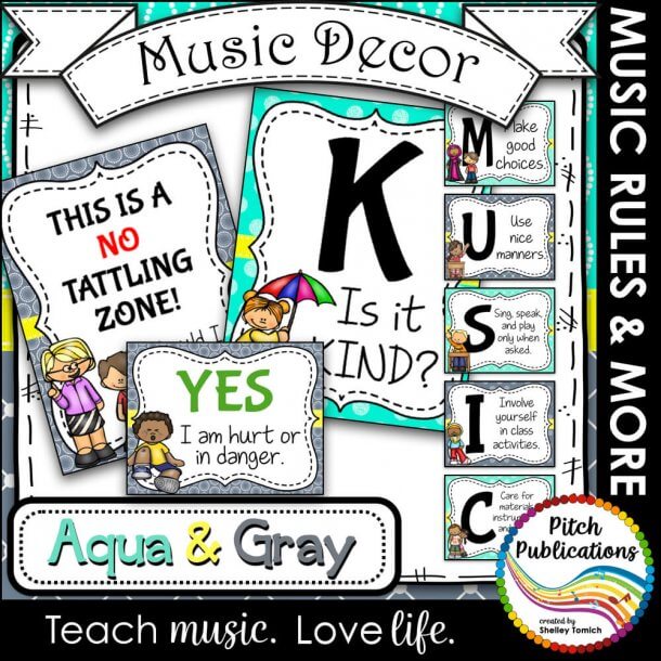 Music Decor - AQUA AND GRAY Music Rules Posters, Tattling, and more!
