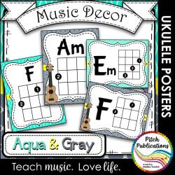 Music Decor - AQUA AND GRAY - Ukulele Chord Chart Posters