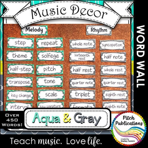 Music Decor - AQUA AND GRAY - Word Wall Poster