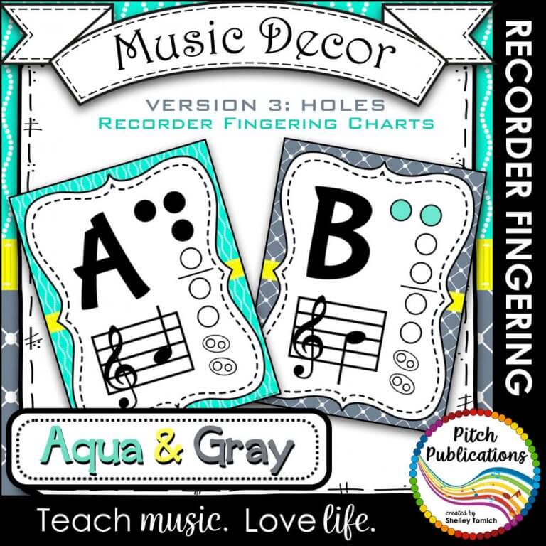 Recorder Fingering Chart Posters v3 Holes - Music Decor Aqua Gray