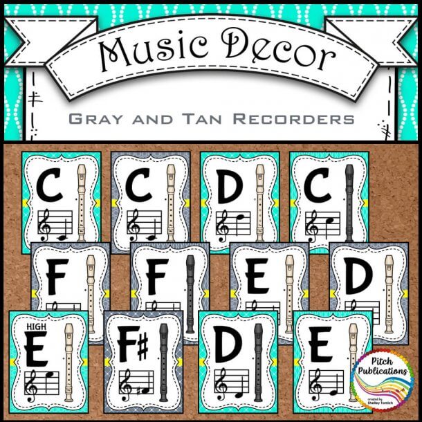 Recorder Fingering Chart Posters v1 Black/Tan- Music Decor Aqua Gray