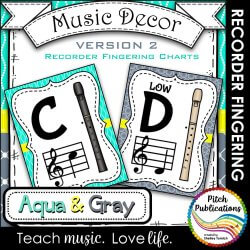 Recorder Fingering Chart Posters v2 Black/Tan- Music Decor Aqua Gray