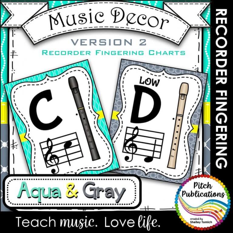 Recorder Fingering Chart Posters v2 Black/Tan- Music Decor Aqua Gray