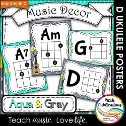 Music Decor AQUA AND GRAY - Ukulele Chord Chart Posters D TUNING