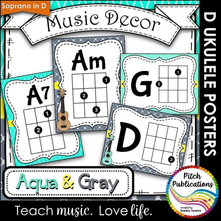 Music Decor AQUA AND GRAY - Ukulele Chord Chart Posters D TUNING