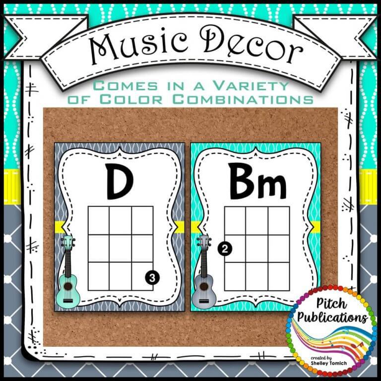 Music Decor AQUA AND GRAY - Ukulele Chord Chart Posters D TUNING