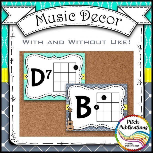 Music Decor AQUA AND GRAY - Ukulele Chord Chart Posters D TUNING