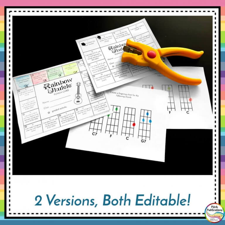 Rainbow Ukulele Punch Card Assessment - Editable