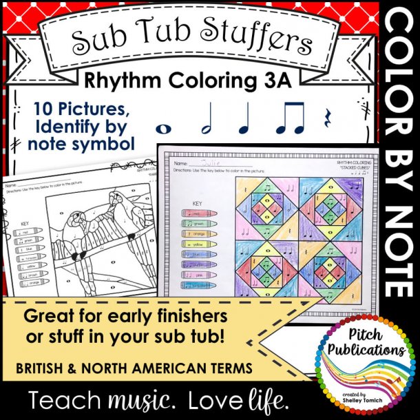 Rhythm Coloring 2A - Color by Note - Half Note, Quarter Note/Rest
