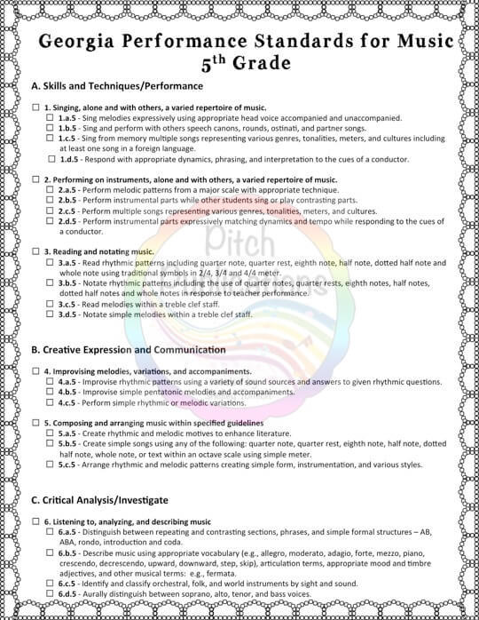 Georgia Performance Standards - Music - Checklist for Lesson Plans K-5