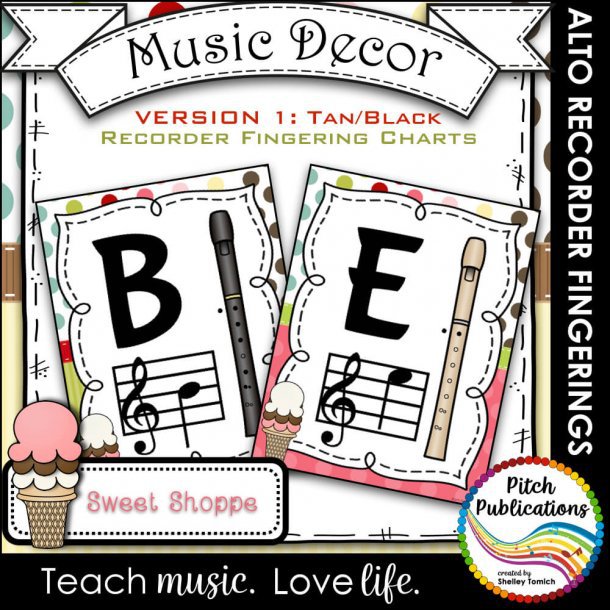 Alto Recorder Fingering Chart Posters v1 Black/Tan- Sweet Shoppe