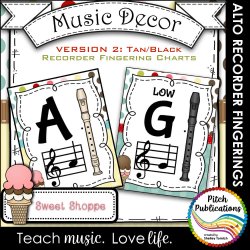 Alto Recorder Fingering Chart Posters v2 Black/Tan- Sweet Shoppe