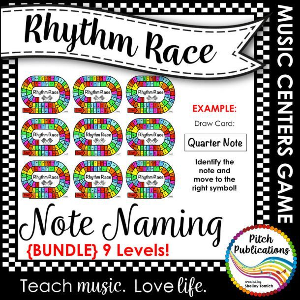 Music Centers: Rhythm Race Note Naming Edition {BUNDLE} Levels B, 1-8